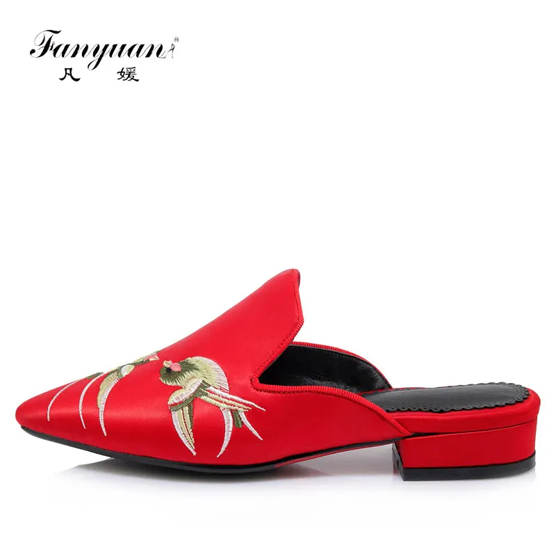 Fanyuan 2017 Size 34 43 Pointed Toe Chunky Heels Mules Chinese Ethnic ...
