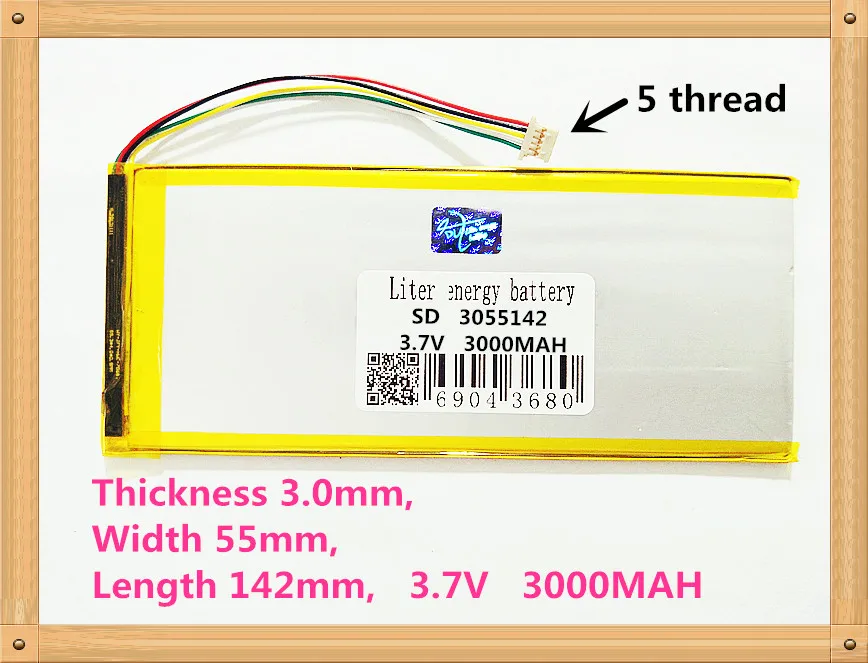 5 thread 3055142 3.7V 3000MAH lithium polymer battery Rechargeable ...