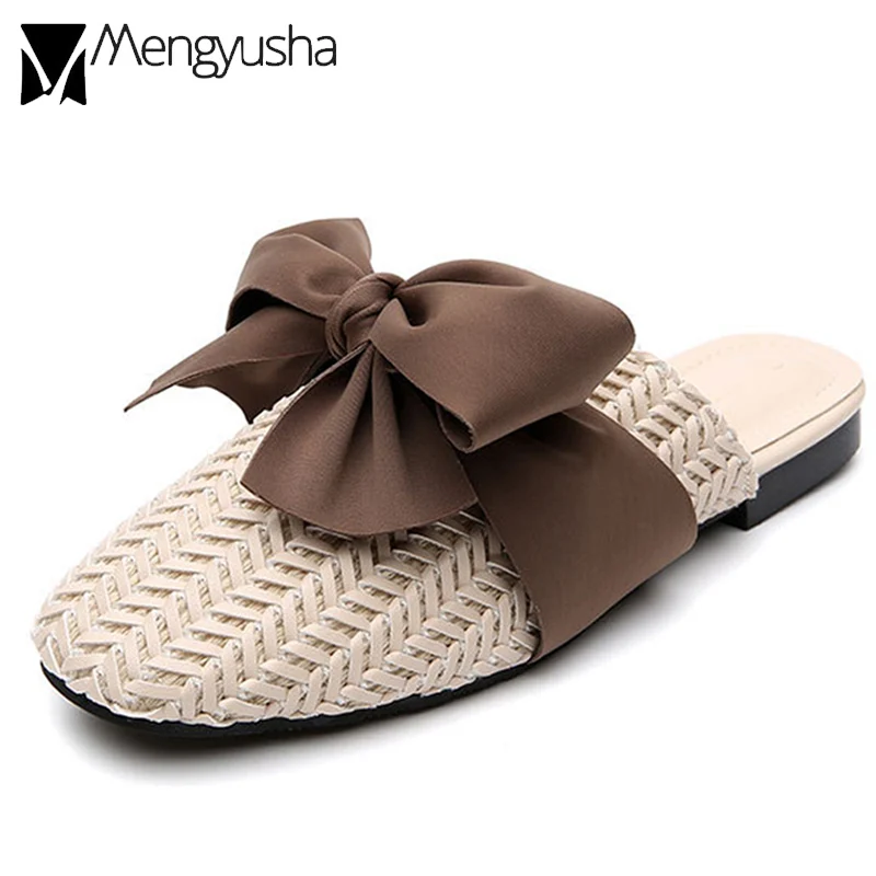 Summer Leather Weave Closed Toe Slippers Woman Riband Bow Knot Mules
