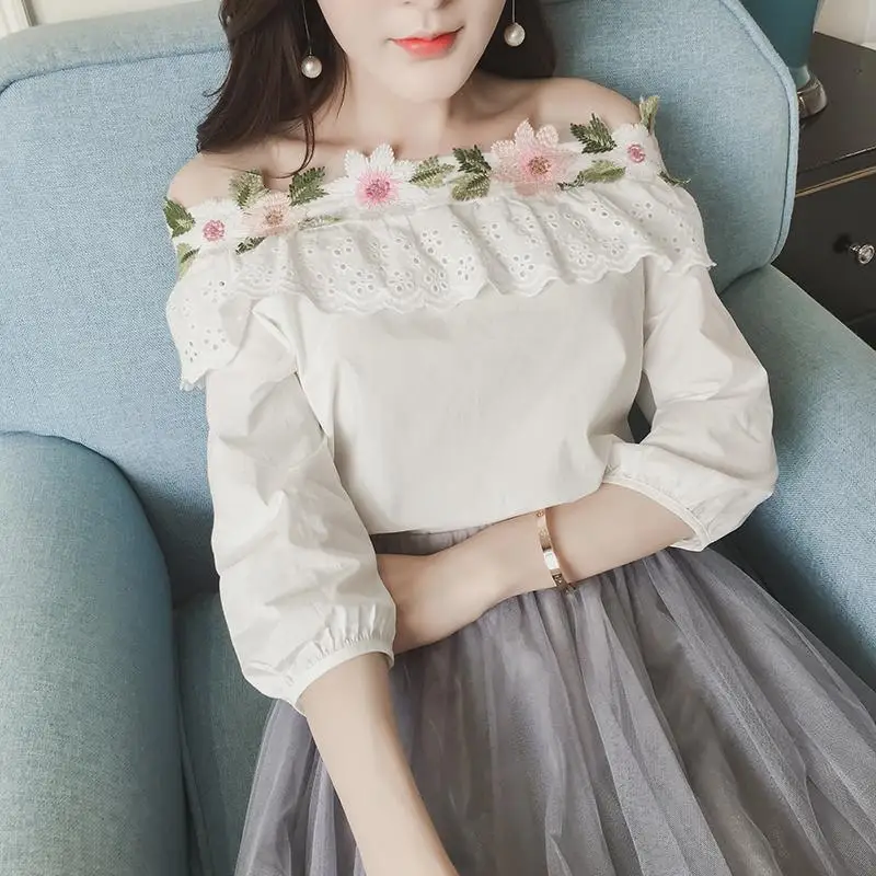 Fashion New 3d Flower Shoulderless Cotton Girl's Shirt Blouses Summer ...