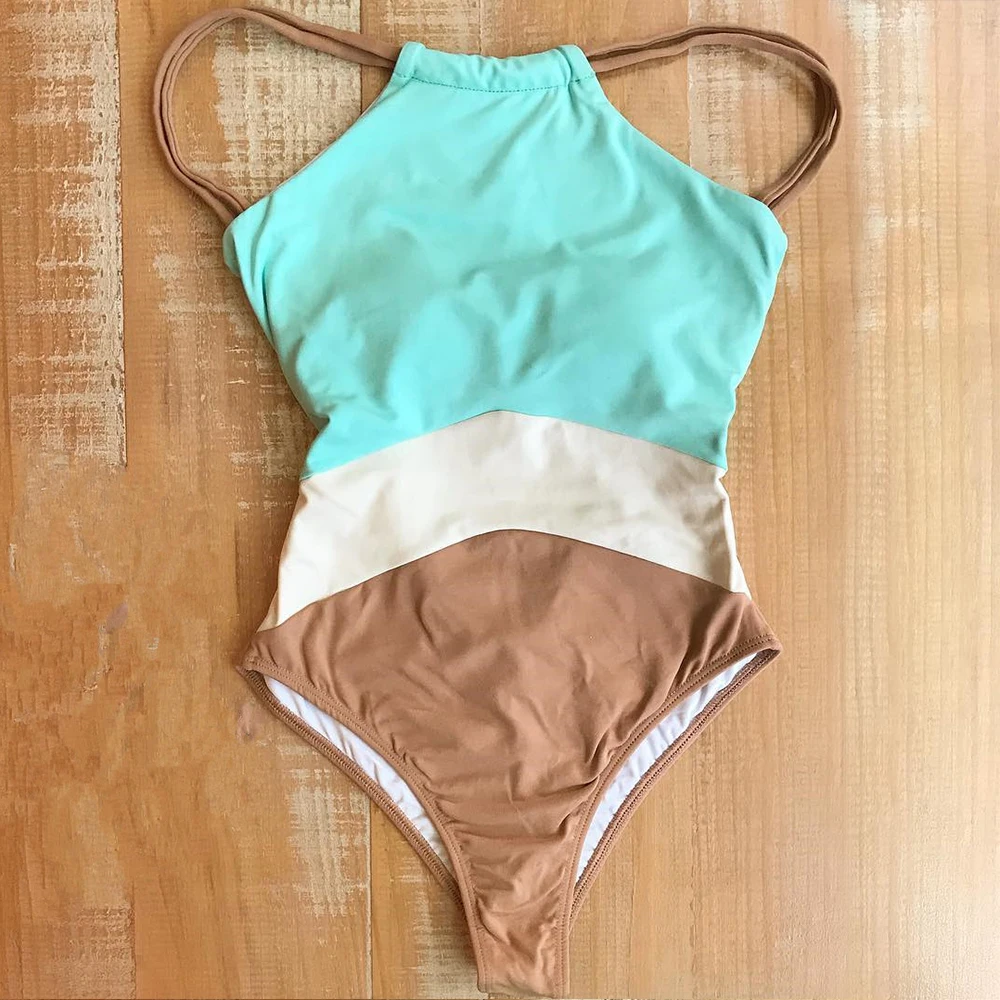 One Piece Swimwear Hit Color Block Swimsuit Patchwork With Pad Push Up