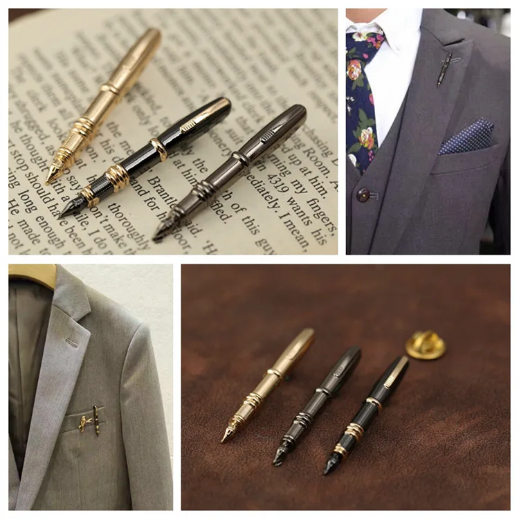 Business Men's Suit Collar Pins Badges Creative Pen Shape Men Shirt Tie ...