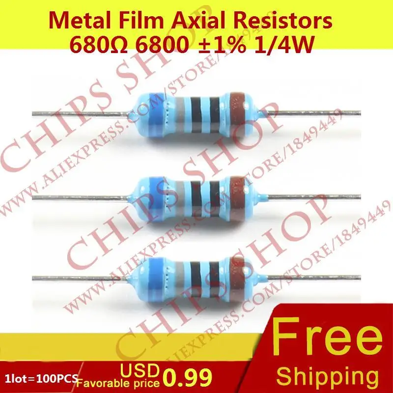 1LOT=100PCS Metal Film Axial Resistors 680ohm 6800 1% 1/4W 0.25W ...