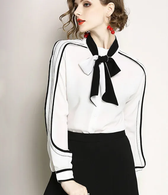 2018 New Long Lantern Sleeve Bow Tie White Chiffon Blouses Women Office