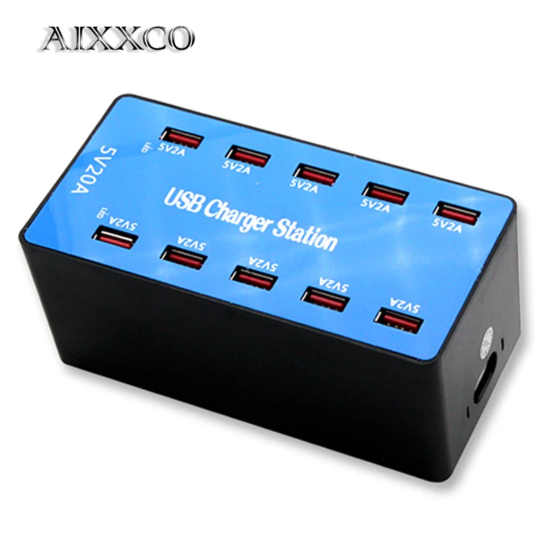 AIXXCO estación de carga de escritorio inteligente, Cargador USB de 100W, 10 puertos USB 20A ...