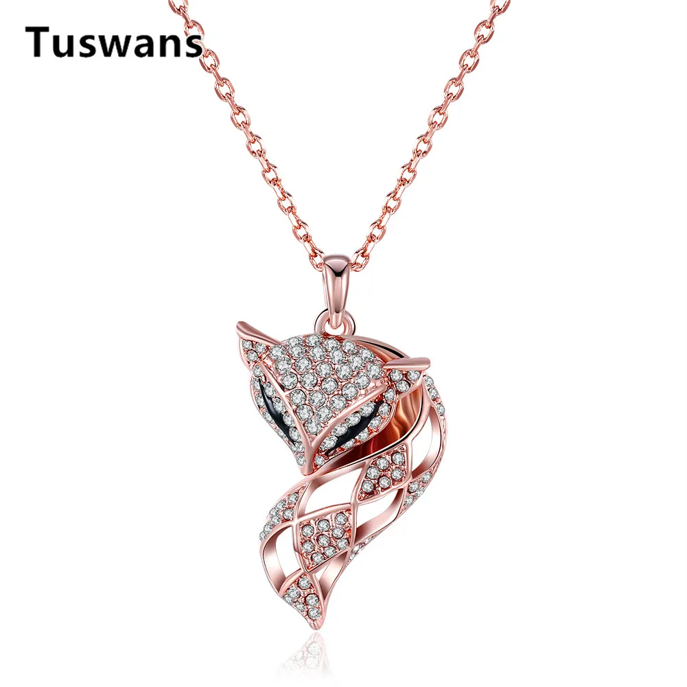Rose Gold Color Rhinestone Cute Fox Pendant Long Statement Necklaces ...