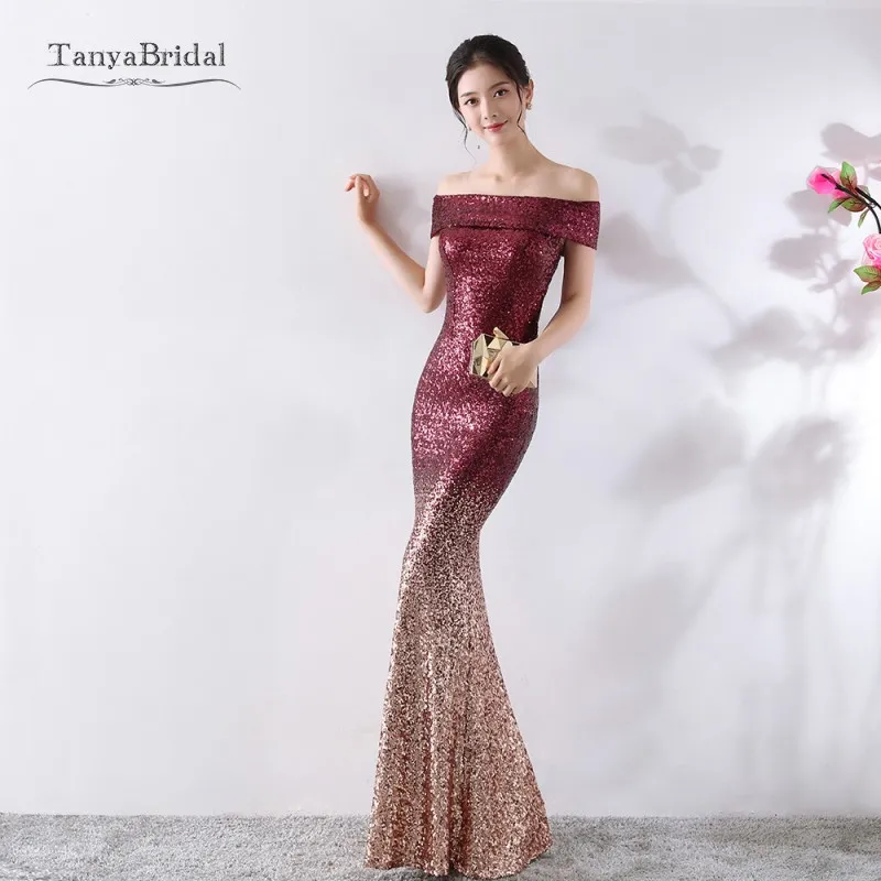 Платья с открытыми плечами с юбкой-годе с блестками Длинные свадебные ...