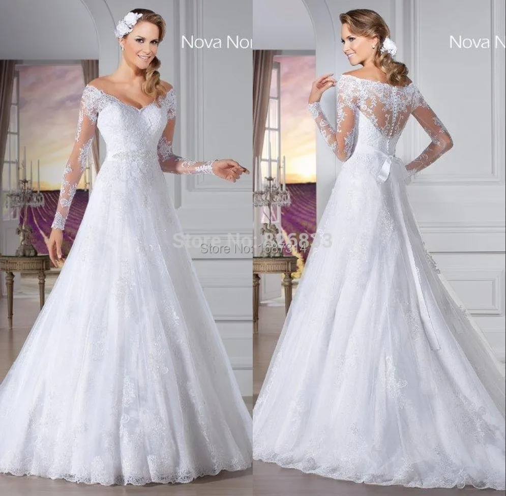 2015-White-Long-Sleeves-Off-shoulder-Wedding-Dresses-Bridal-Gowns-Robe ...