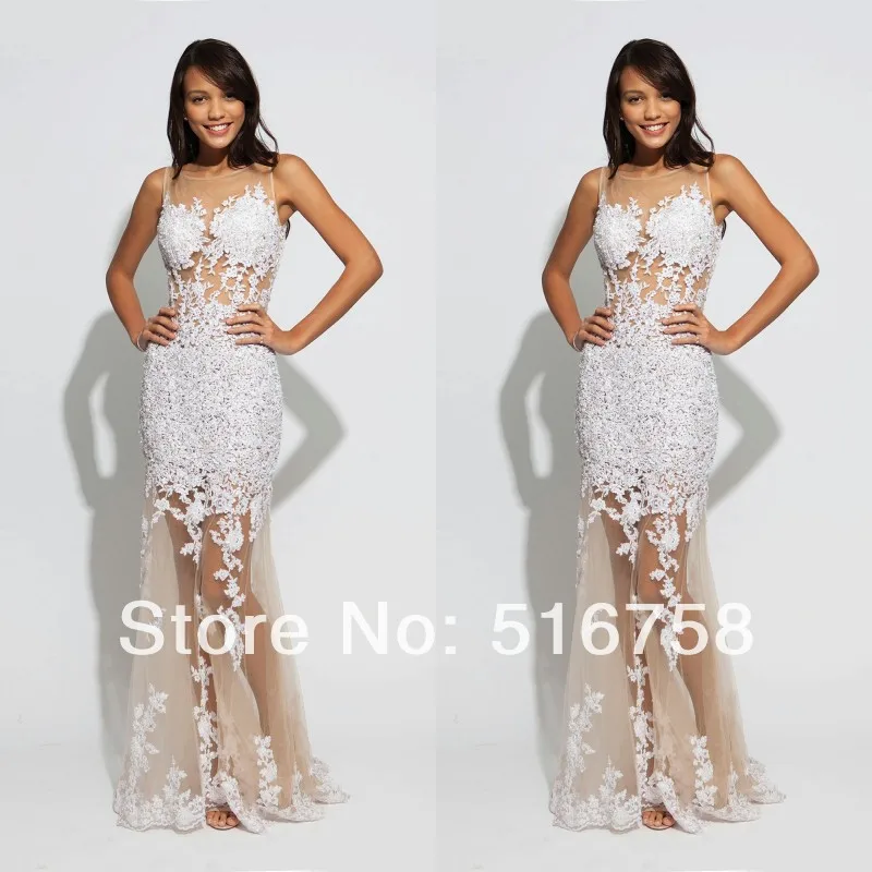 High Neck White Lace Appliqued See Through Sheer Tulle Party Dress Sexy ...