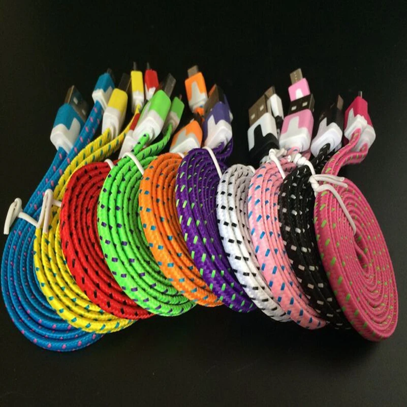 100pcs Colorful 3m 10ft Fabric Nylon Braided Flat Noodle Micro Usb ...
