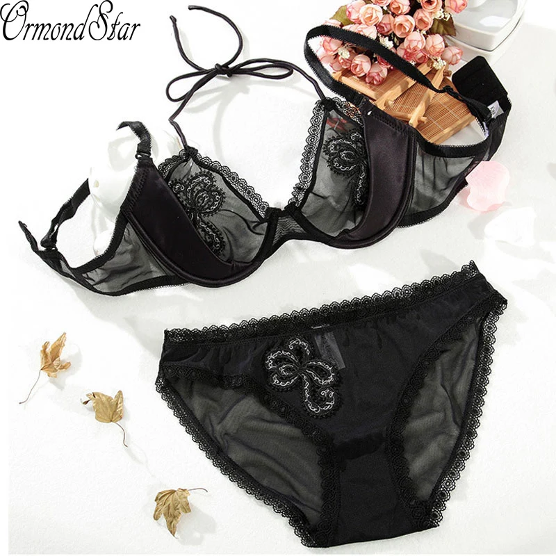 New Woman Sexy Lace Bra Set Ultra thin Three Quarters And Panty ...