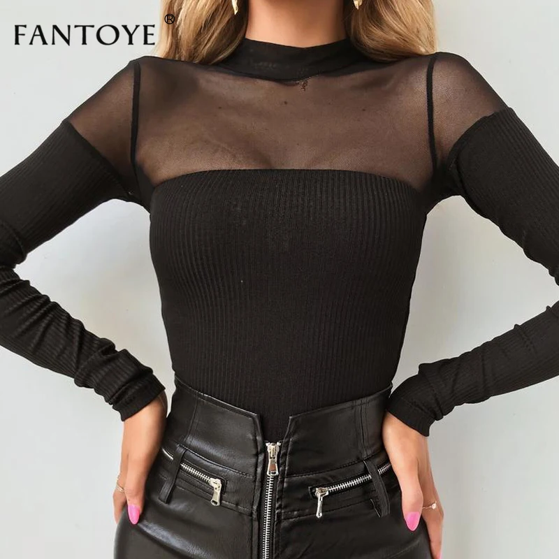 Fantoye Winter Mesh Patchwork Sexy Bodysuit Women Long Sleeve Hollow
