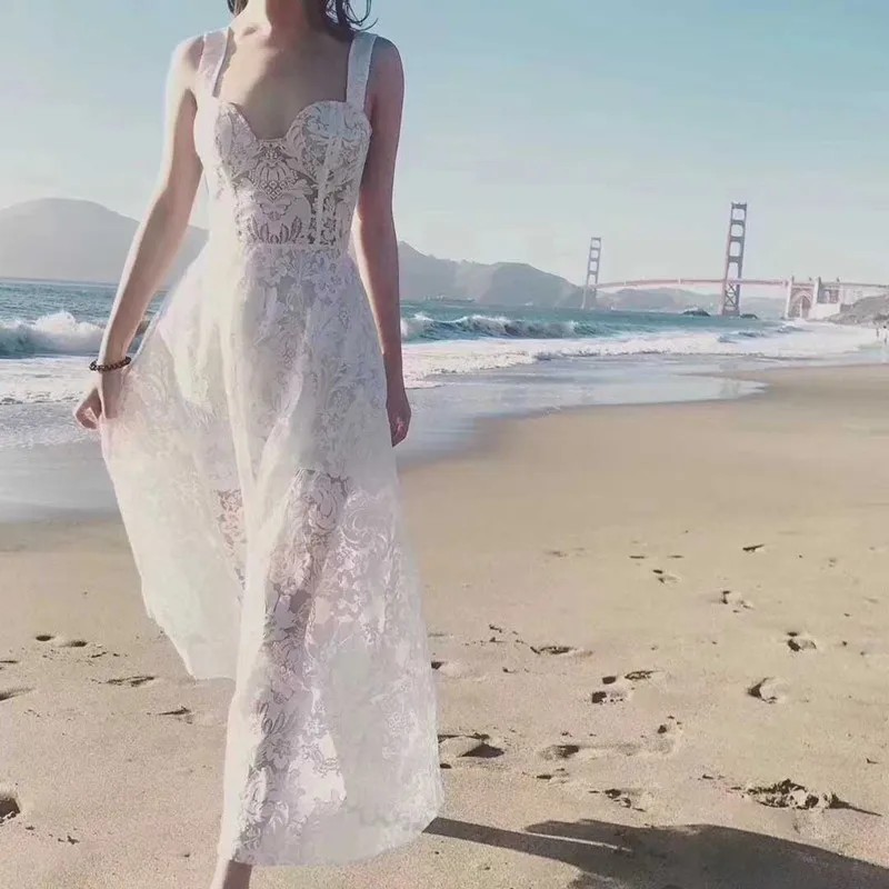 White Lace Slip Dress Women Summer Sexy Ladies Sleeveless Backless Hollow Out Sequins Long