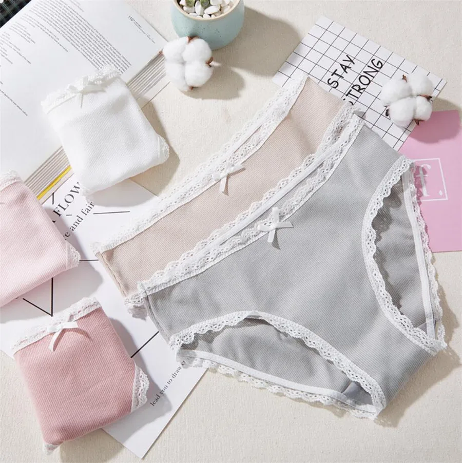 New Simple Japanese Women Panties Lace Cotton Underwear Ladys Mid
