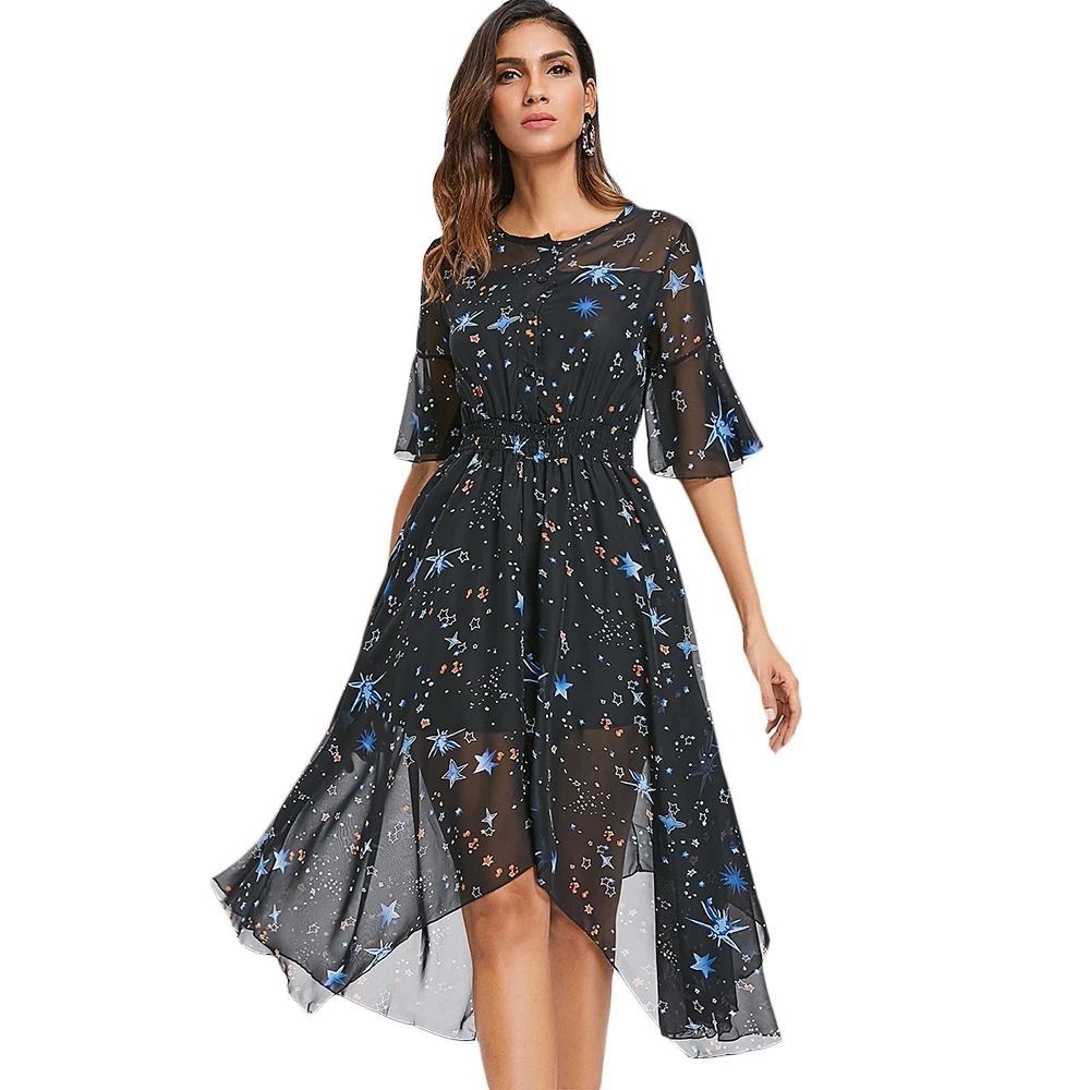 Asymmetrical Stars Print Chiffon Midi Dress-in Dresses from Women's ...