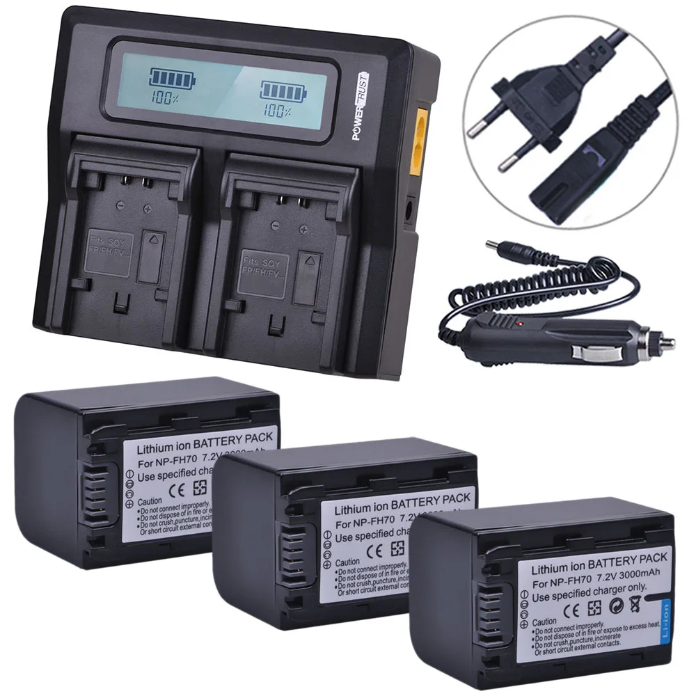 Batería de NP FH70 NP FH70 FH70, cargador Dual rápido LCD, 3x3000mAh, para Sony DCR SX60, UX7 ...
