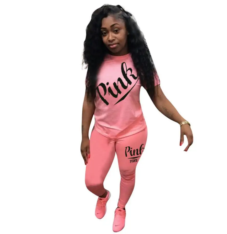VS Pink Womens 2 Piece Sets 2018 Short Sleeve Tops and Pants Outfits ...