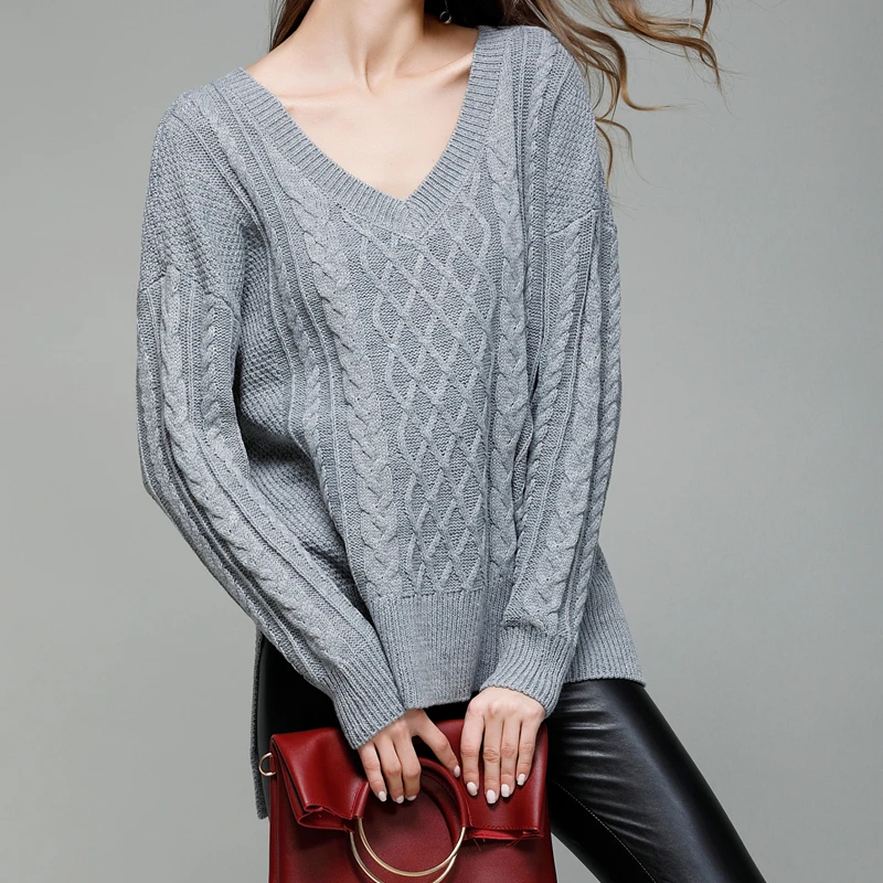 White grey long sleeve V neck loose high low cable knitted sweaters for ...