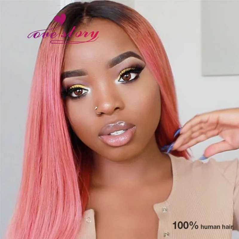 Fashion straight human hair pink wig dark roots full lace human hair ...