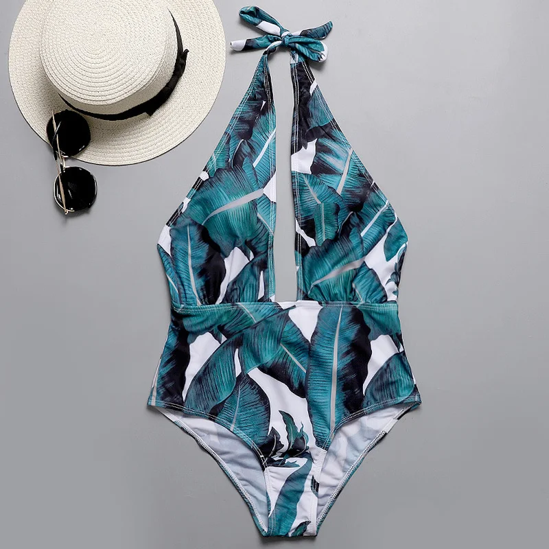 Green Leaf One Piece Swimsuit Bandage Swimwear Women Backless Monokini