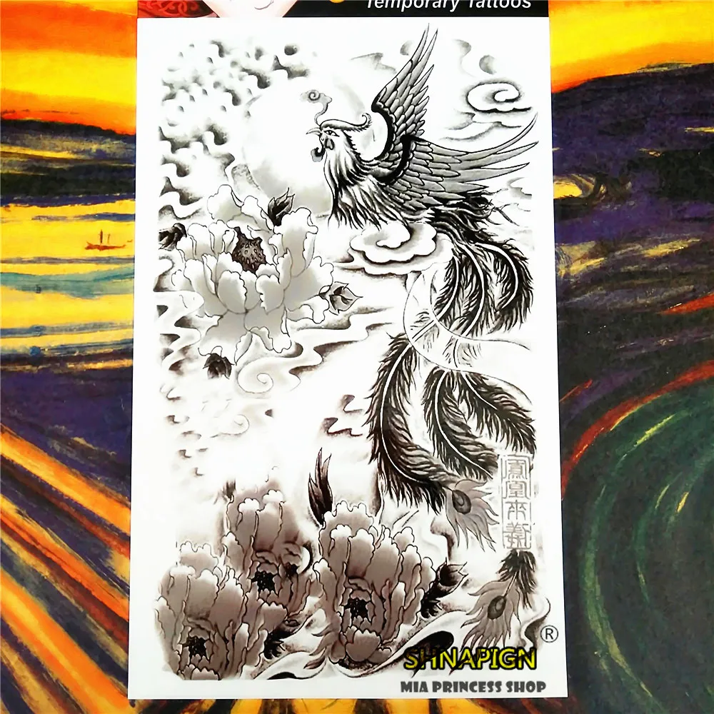 Shnapig tatuaje temporal Phoenix Black, pegatinas de tatuajes Flash de ...