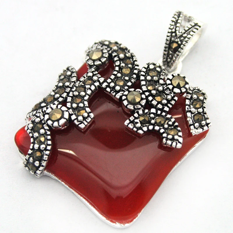 925 STERLING SILVER & MARCASITE INLAY NATURAL RED Stone PENDANT 20*20mm ...