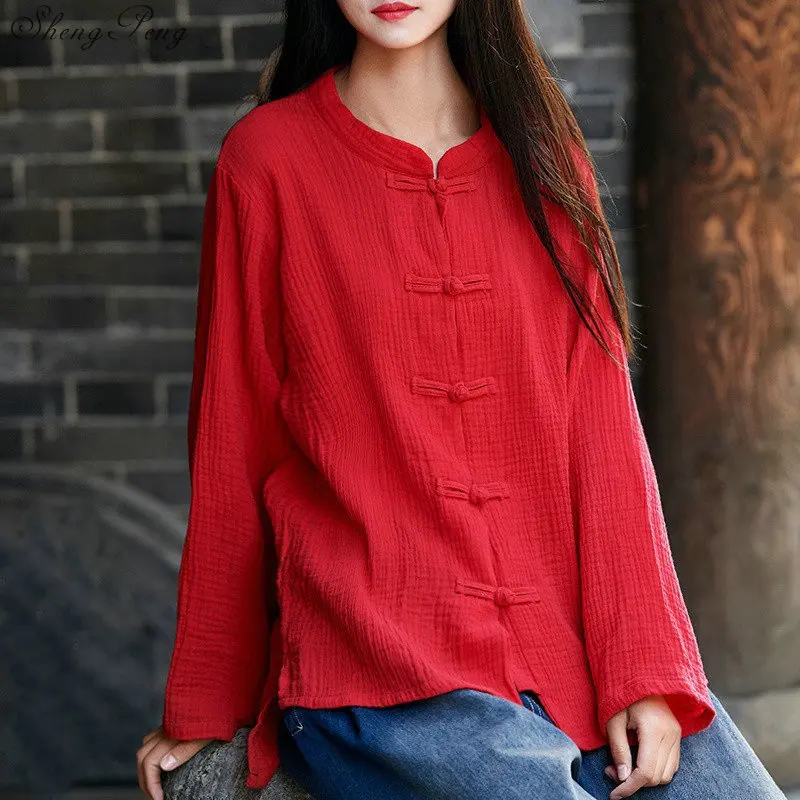 Blusa china tradicional para mujer, camisa de lino oriental con cuello ...