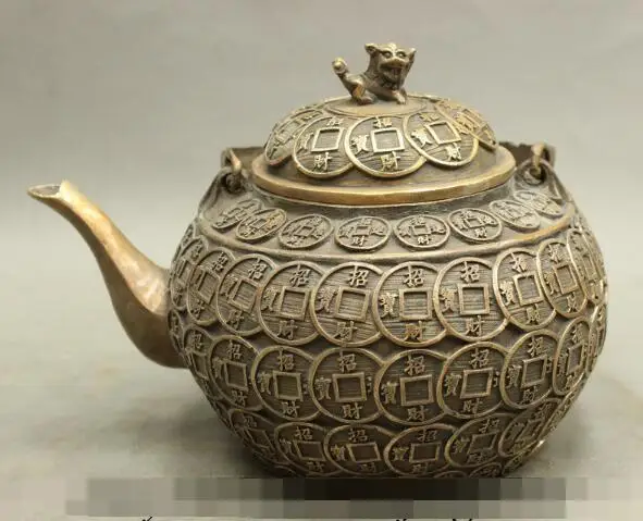 S5341 8 Folk Chinese Bronze Wealth 1000 Coin Money Lion Head Statue ...