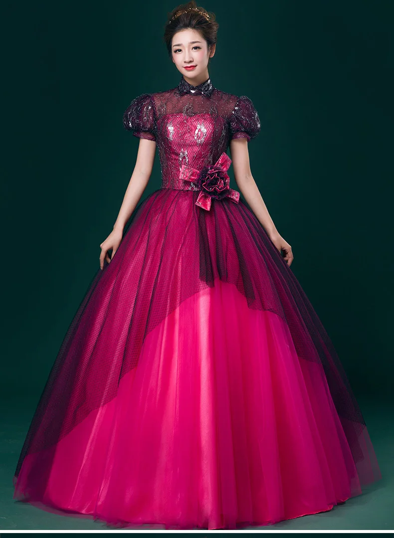 100% real hot pink black lace bubble sleeve beading medieval dress ...