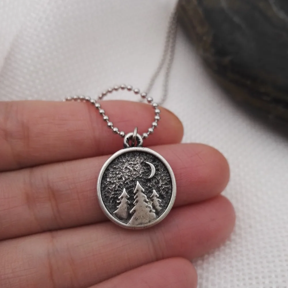 1pcs Lovely moon and pine tree Necklace Nature Circle Nature Pendant ...
