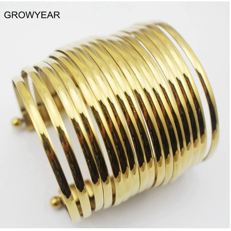 Punk Style Extra Wide Stainless Steel Multilayer Bangle Bracelet Golden ...