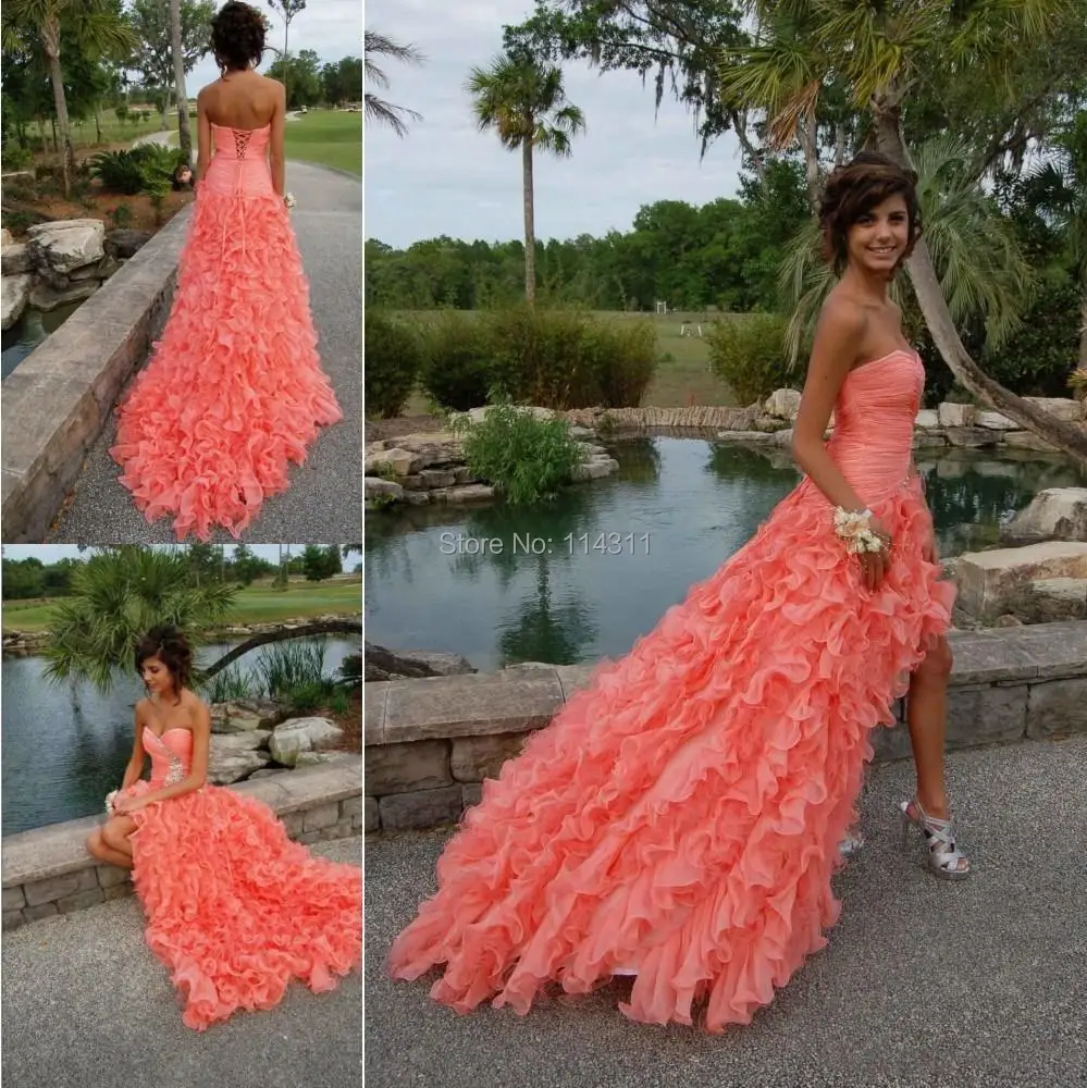 Aliexpress.com : Buy Coral Prom Dresses High Low Ruffles Organza ...