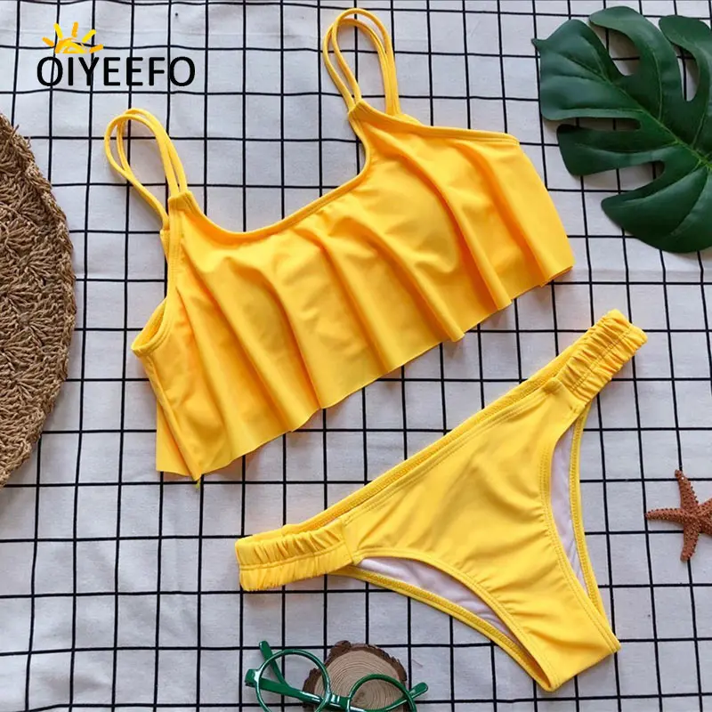Oiyeefo Bright Yellow Bikini Ruffle Frilly Swimsuit Women Halter ...