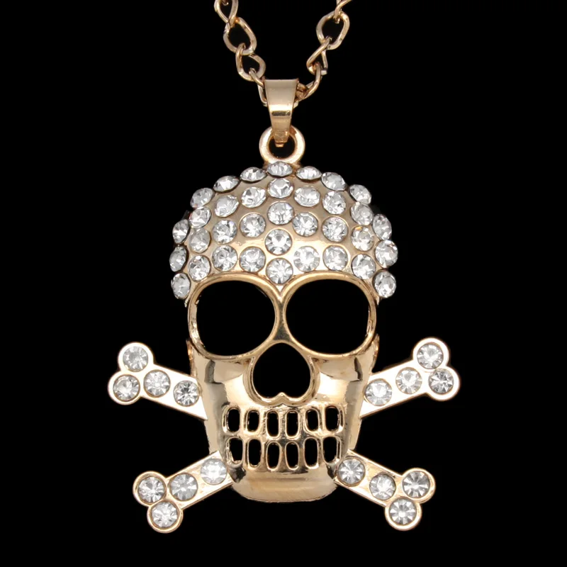 FLOLA Hip hop jewelry Gold Color Skull skeleton long chain Necklaces ...