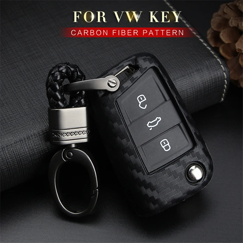 Carbon Fiber Pattern Car Flip Folding Key Case Cover Shell for VW Polo ...