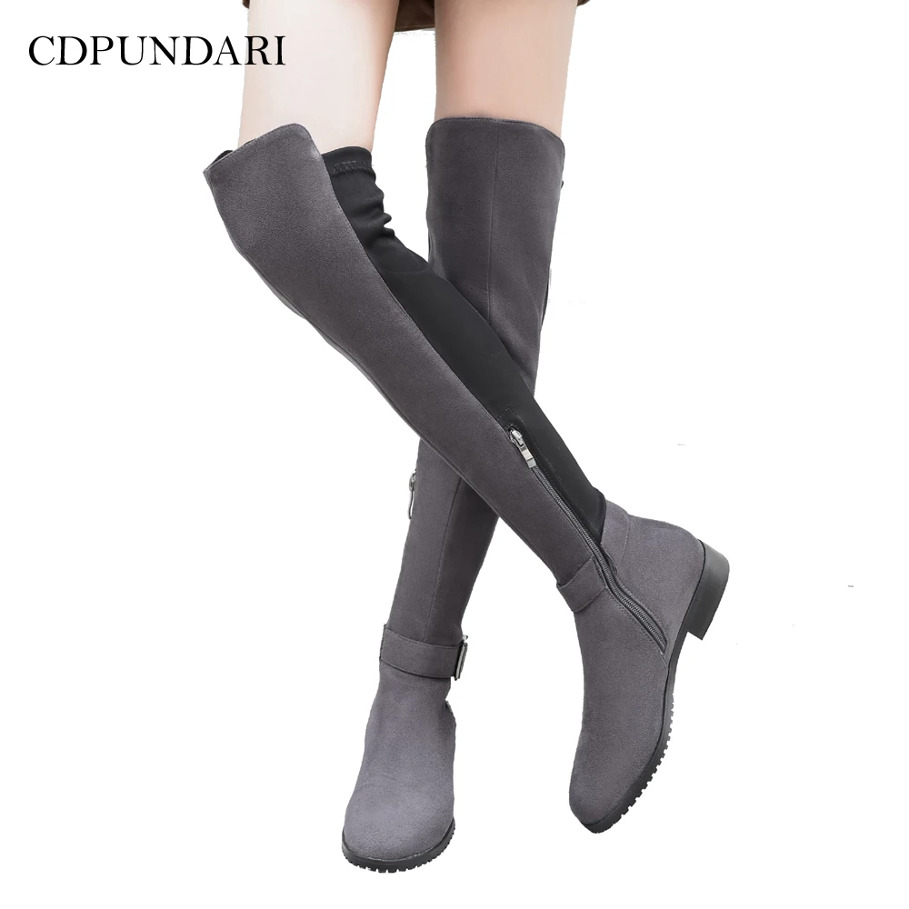 Cdpundari Сапоги выше колена на низком каблуке женские облегающие высокие сапоги женская