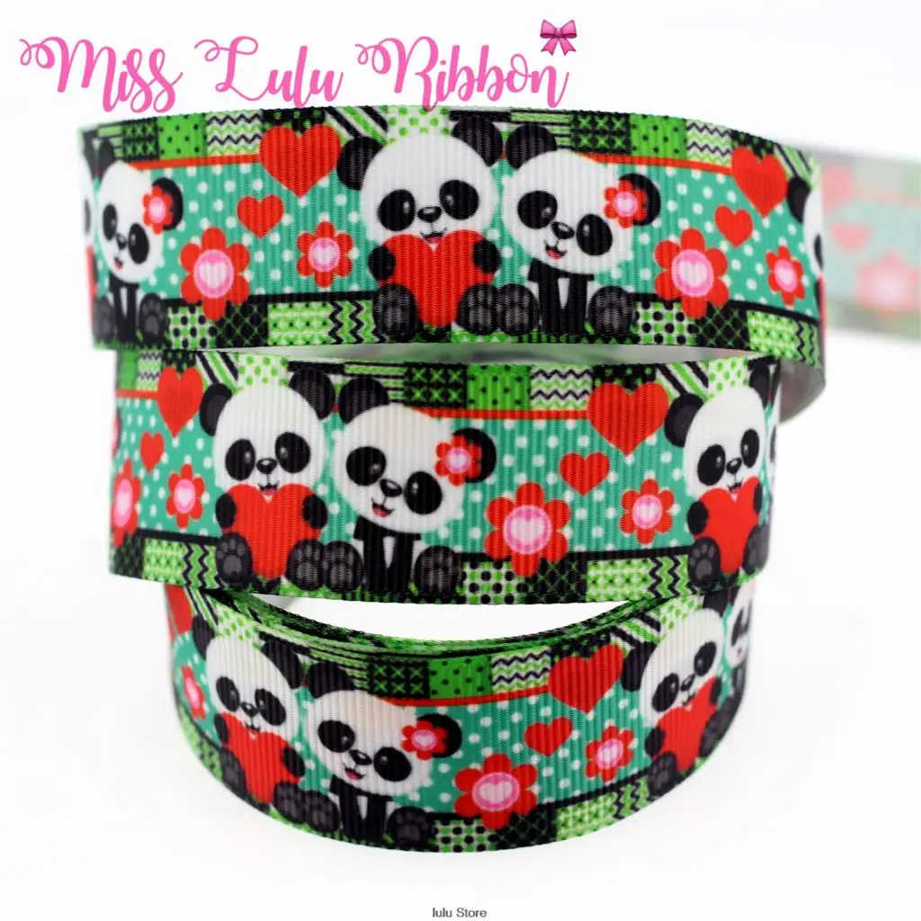 7/8"22mm heart and lovely panda printed grosgrain ribbon animal ribbon ...
