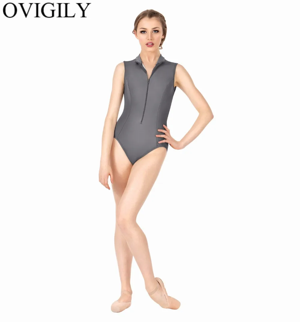 Ovigily Gray Women Tank Gymnastics Leotard Zip Front Lycra Turtleneck