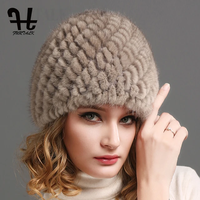 FURTALK Women Luxury knit mink fur hat winter fur hat Russian Women ...
