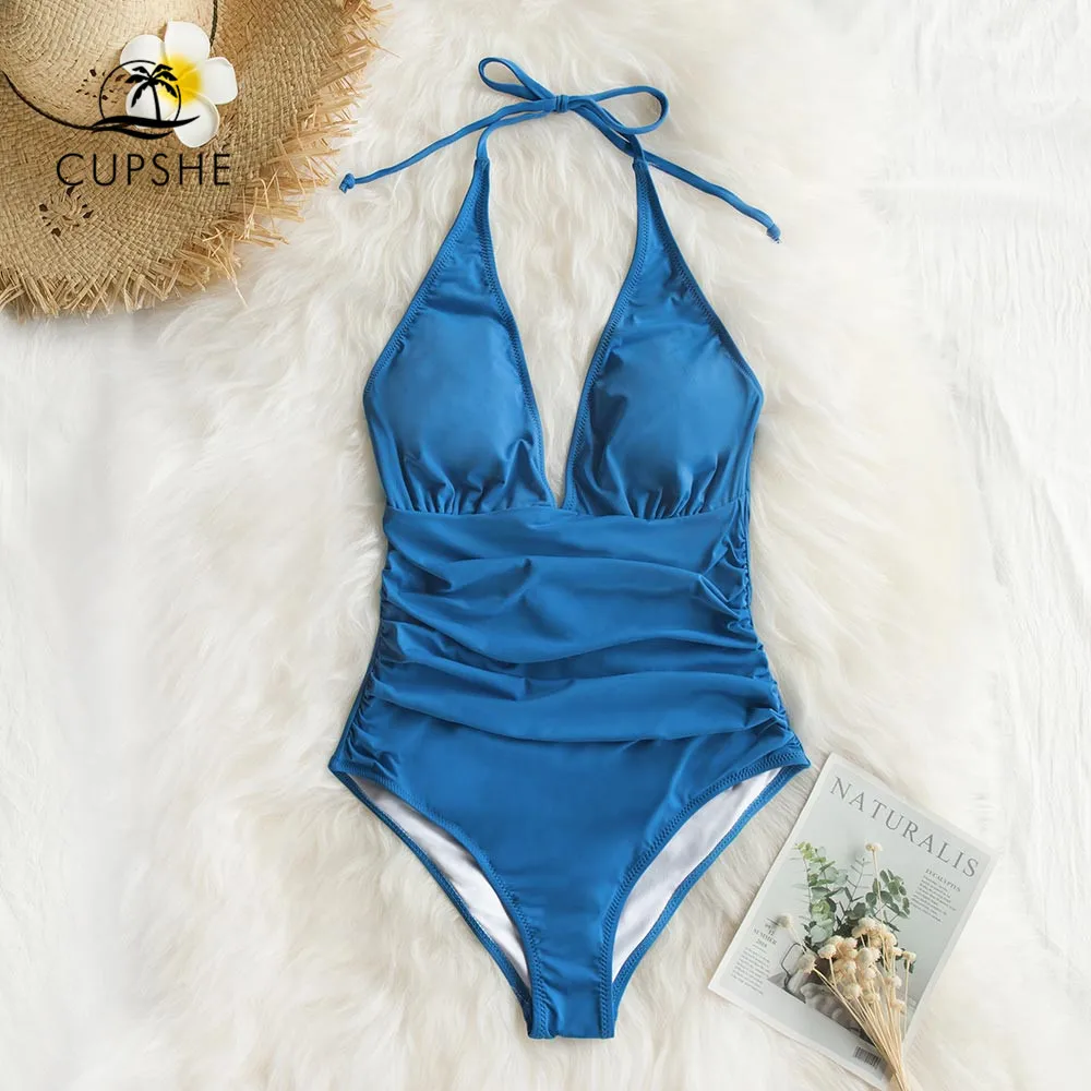 Cupshe Pink Dawn Mist Shirring One Piece Swimsuit Women Sexy Halter V
