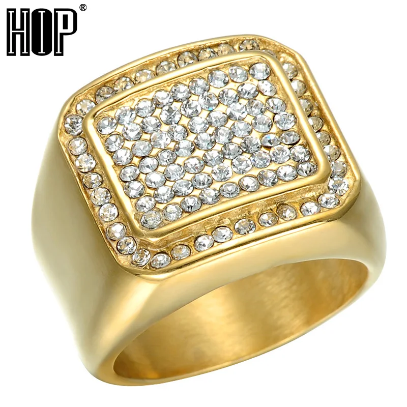 HIP Hop Micro Pave Rhinestone Iced Out Bling Square Ring IP Gold Filled ...