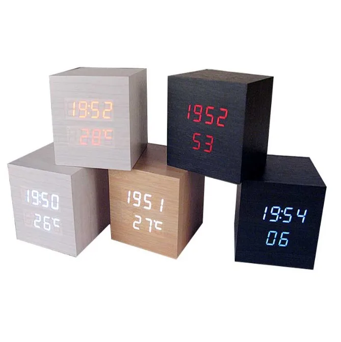 Mini Cube Wooden Clock Voice Control LED Digital alarm clock Desk ...