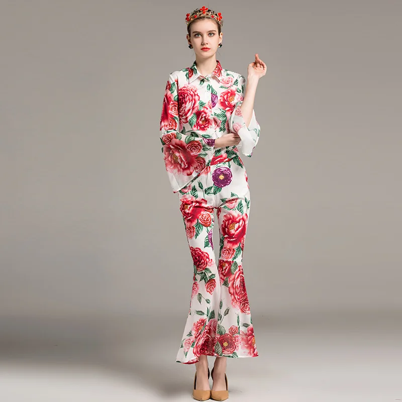 2018 Summer Pretty Print Flowers Sets High Quality Fashion Flare Sleeve ...