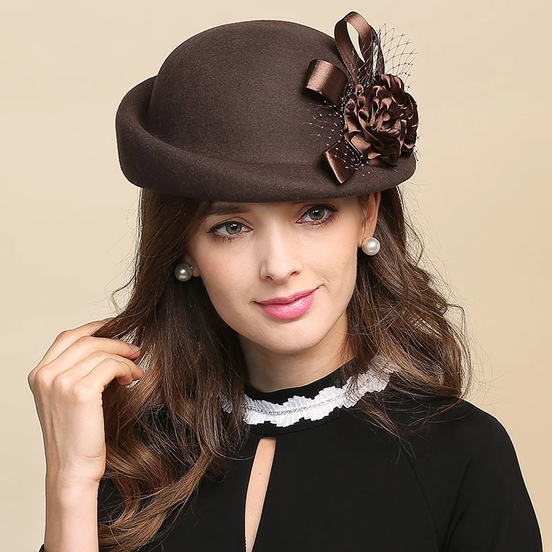 Lady Fedoras Wool Hat Girls Flowers Dome Woolen Cap Female Basin Cap ...