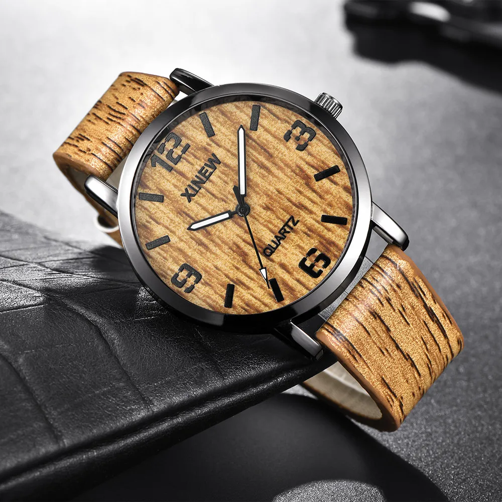 Women Men Wood Texture Watch Imitation Wooden Retro Leather Quartz ...