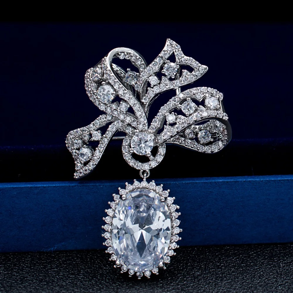 New Hi Q Cubic Zirconia Silver Tone Bowknot Dangle Brooch Broach Pin ...