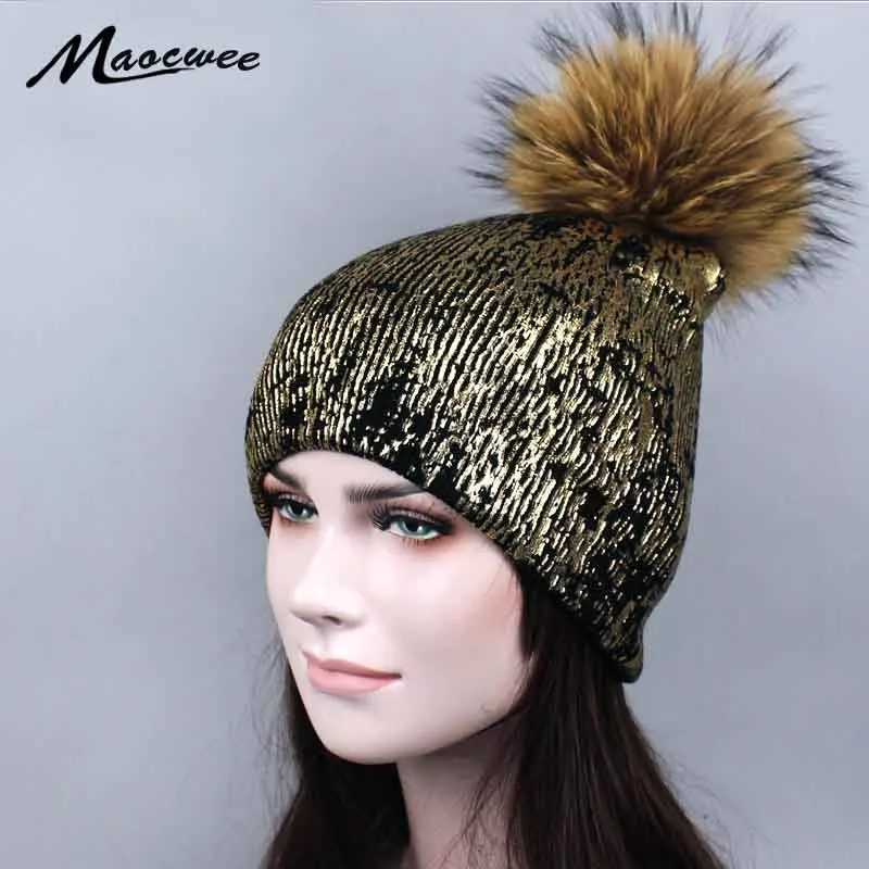 Sombrero con pompón de piel de mapache para mujer, gorro de invierno ...