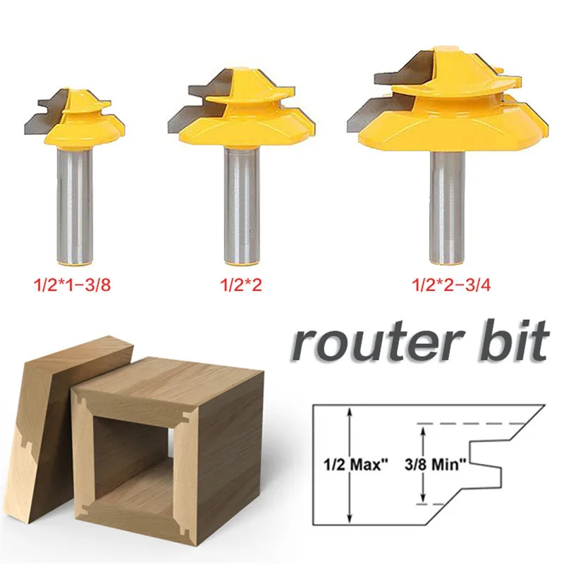 3 PCS/Set 1/2 Shank Woodworking 45 Degrees Router Bit Tenon Cutter 1 3/ ...