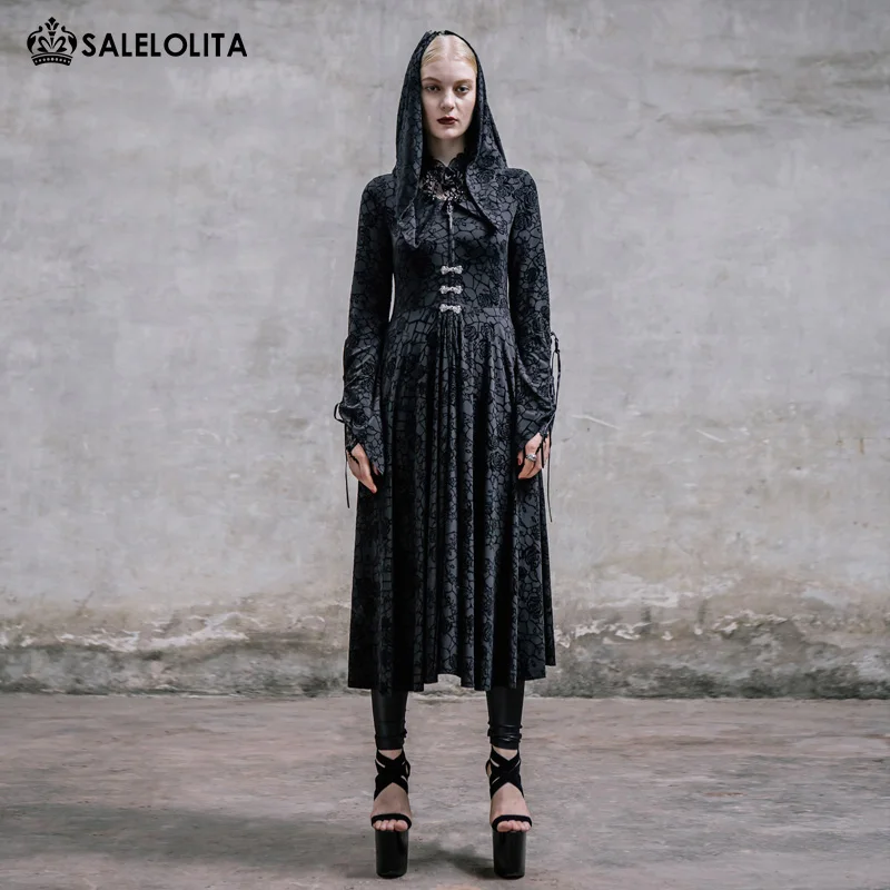 Plus Size Black Long Gothic Robe Female Floral Knitting Long Sleeve ...