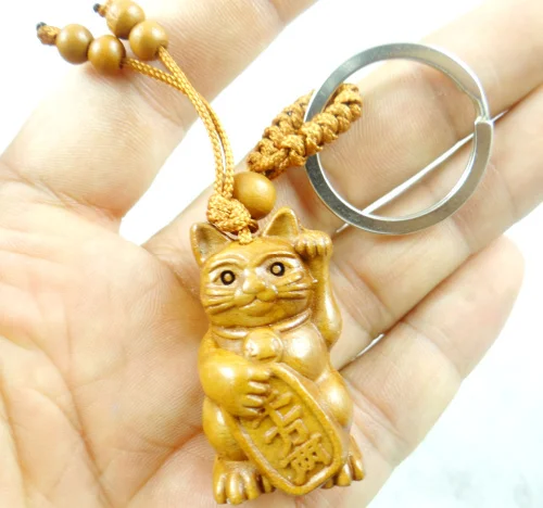 Natural mahogany three dimensional engraving Lucky Cat wood keychain ...